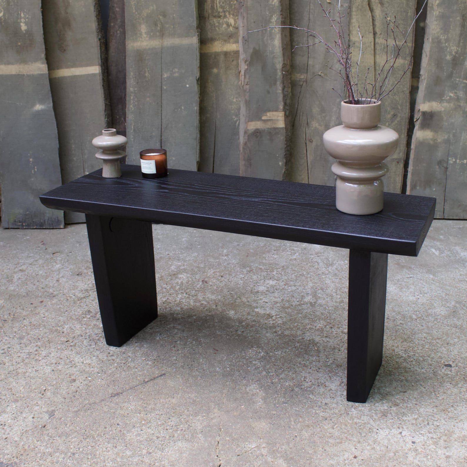 Wabi Sabi Black Ash Bench, Japandi Dark Entryway Console, Solid Wood ...