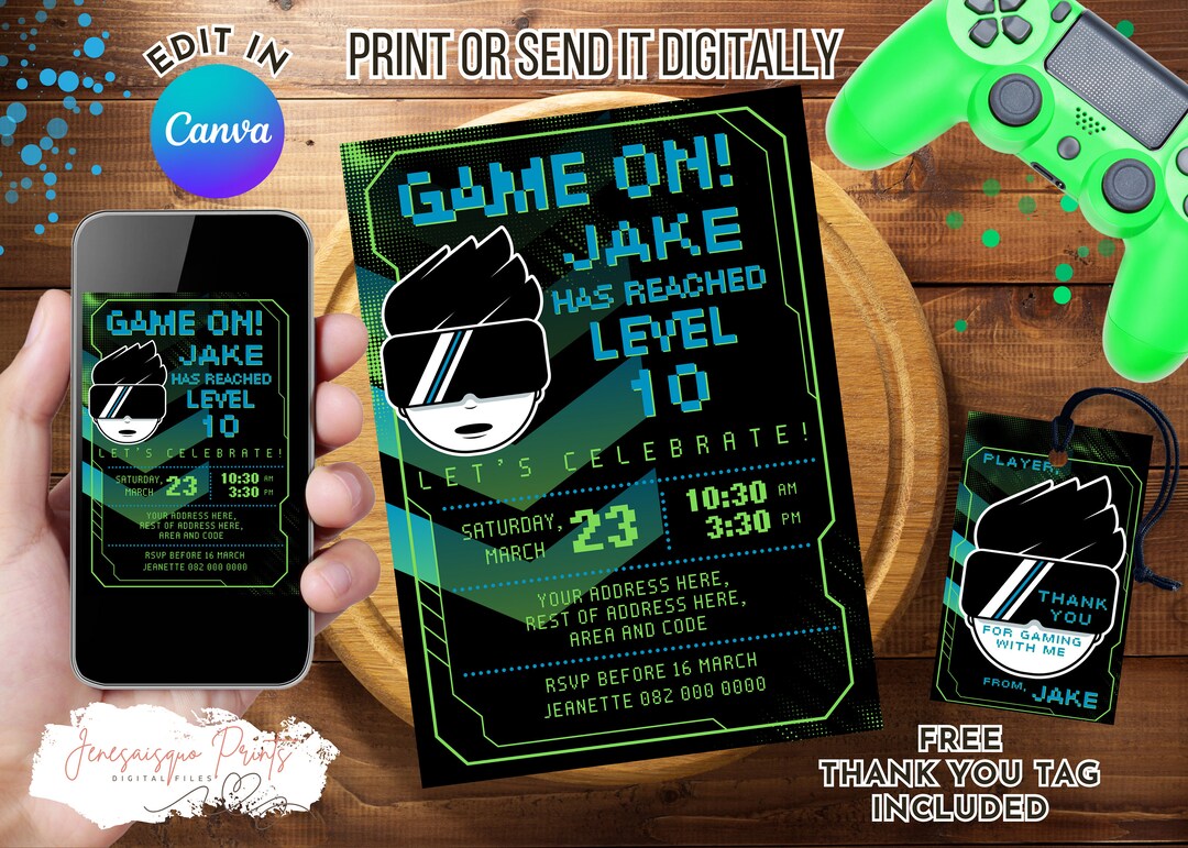 Editable Boy Birthday Party Template Geometric Invitation Gaming VR ...