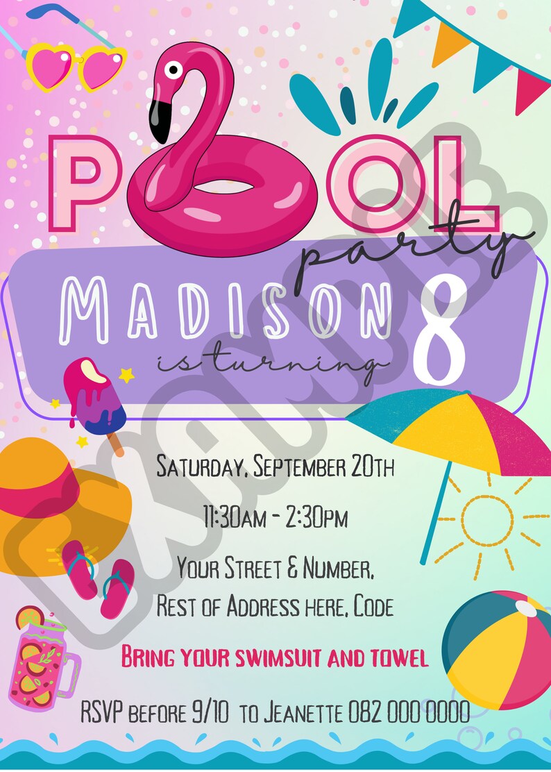 Editable Pool Party Invitation Template Rainbow Pool Birthday Party ...