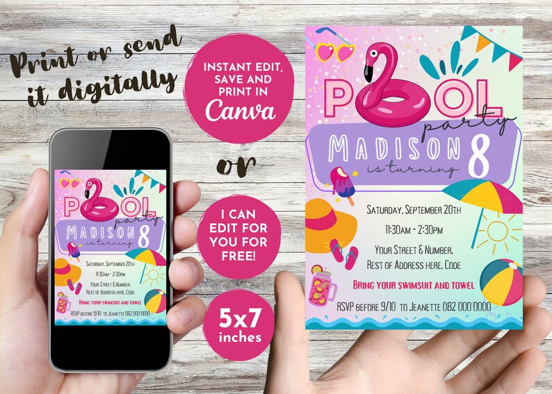 Editable Pool Party Invitation Template Rainbow Pool Birthday Party ...