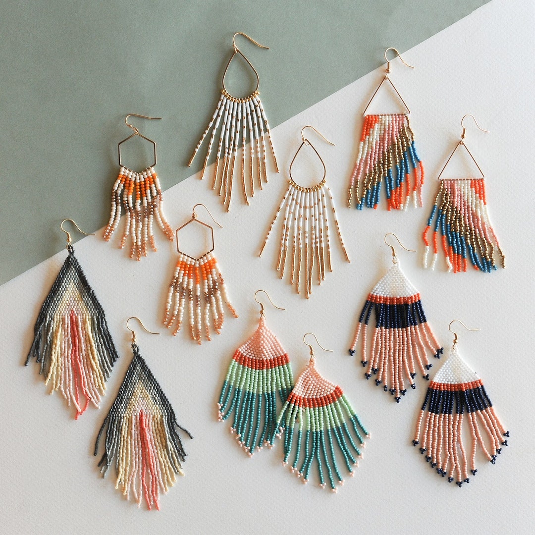 Hand Beaded Tassel Earrings Colorful Boho Tribal Fringe Earrings Color ...