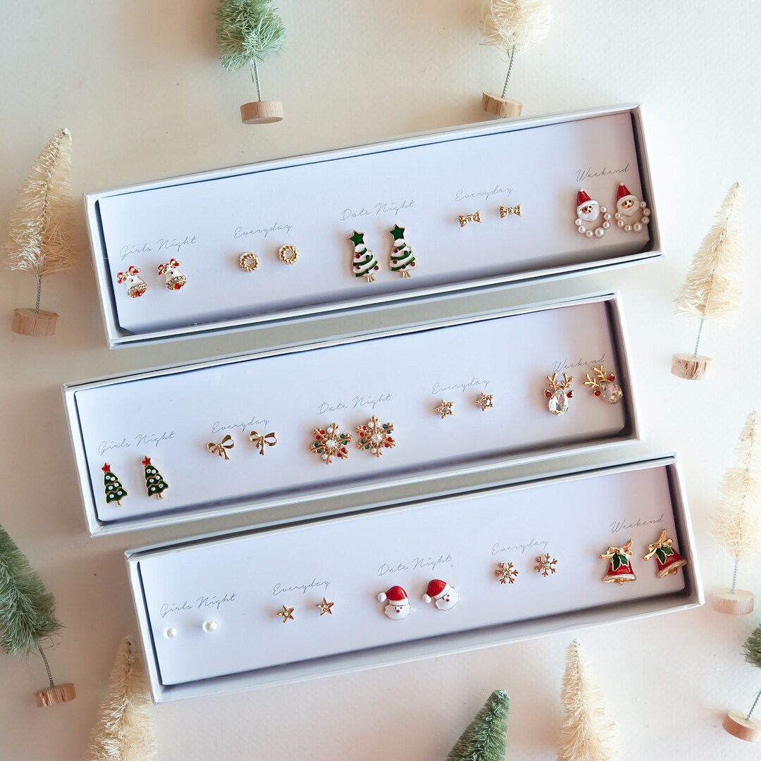 Boxed Christmas Earrings Set Gift Ready Holiday Stud Sets Dainty Santa ...