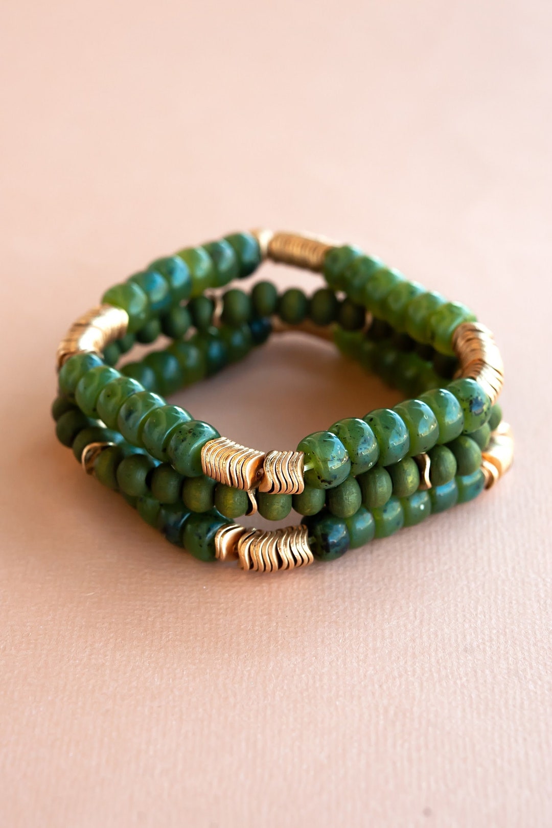 Sylvia Green and Gold Bracelet Stack Jade and Hammered Disk Beaded ...