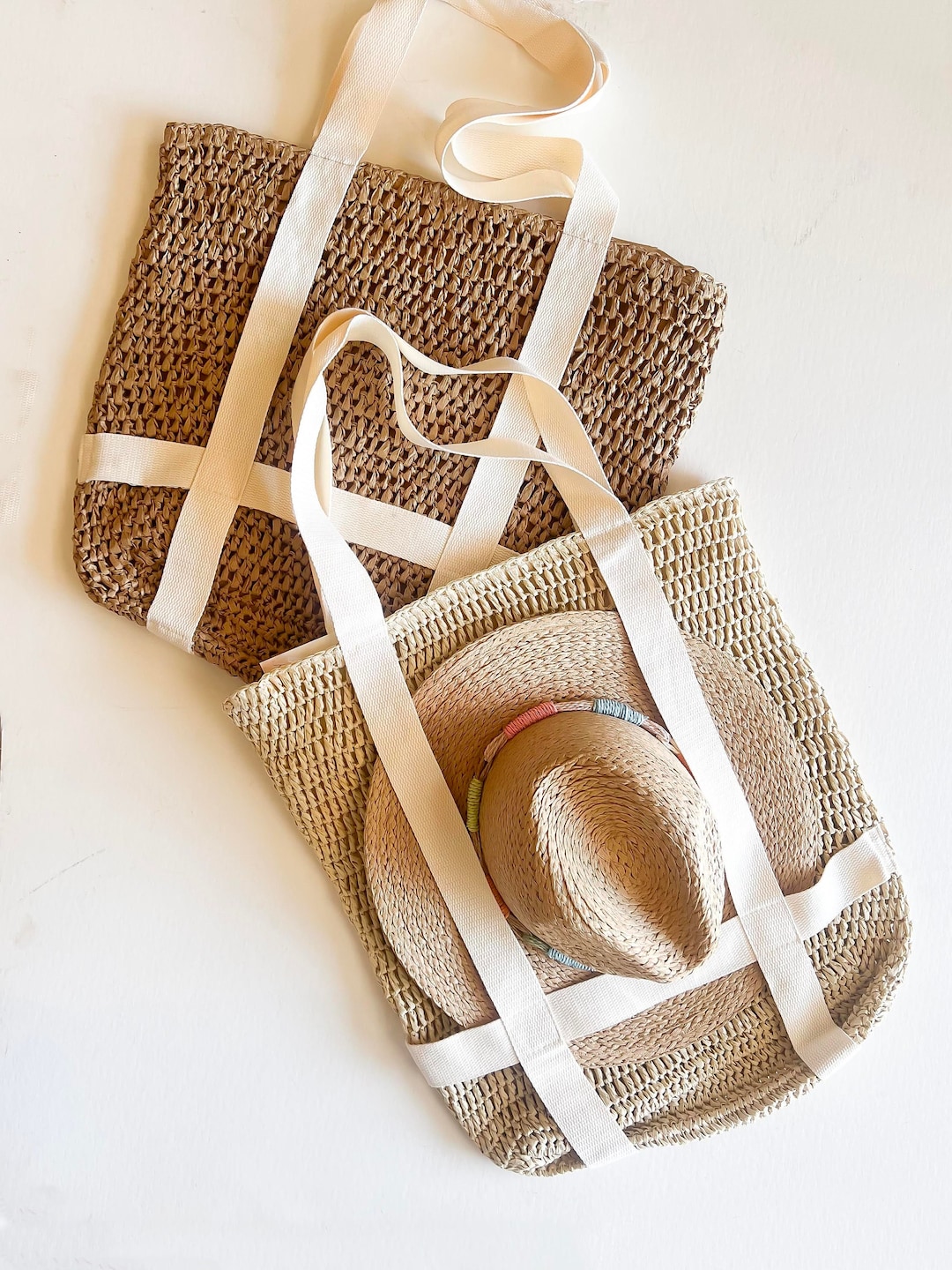 Hat Carrying Tote | Straw Hat Bag | Rattan and Canvas Vacation Purse - Etsy