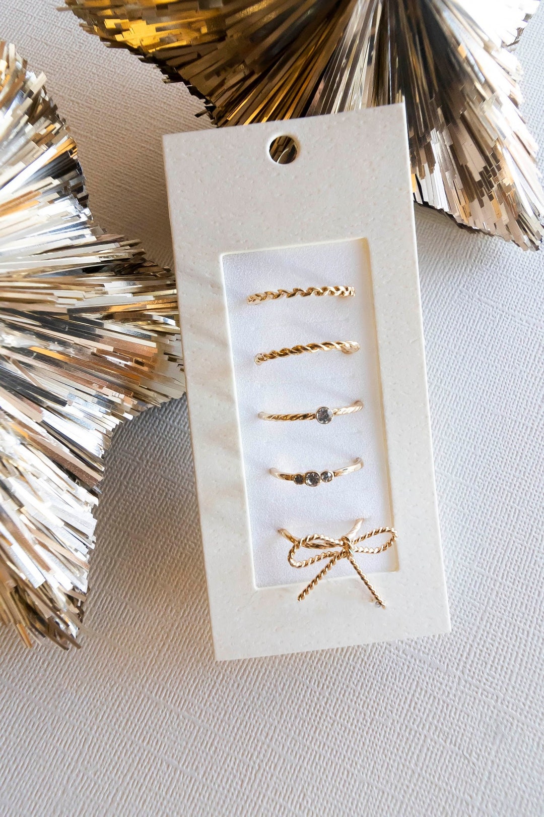 Belle Ring Set Gold Assorted Layering Rings Dainty Crystal and Bow Ring ...