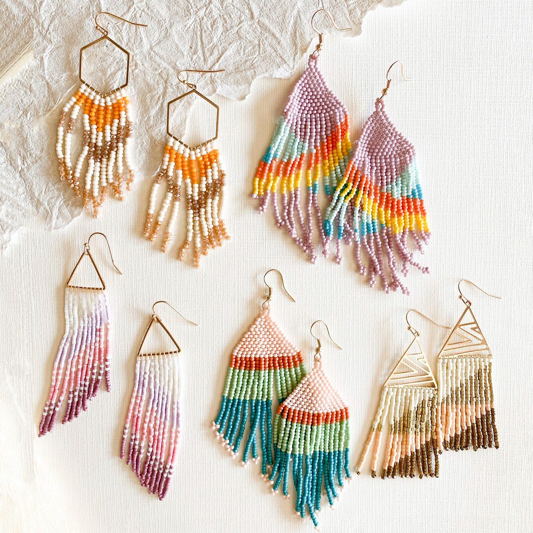 Hand Beaded Tassel Earrings Colorful Boho Tribal Fringe Earrings Color ...