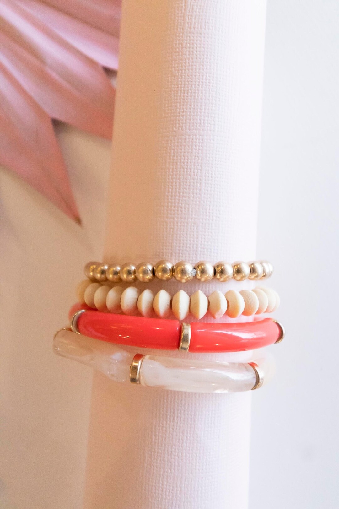 Andrea Bracelet Stack Coral Pink Lucite With Gold Beaded Details ...