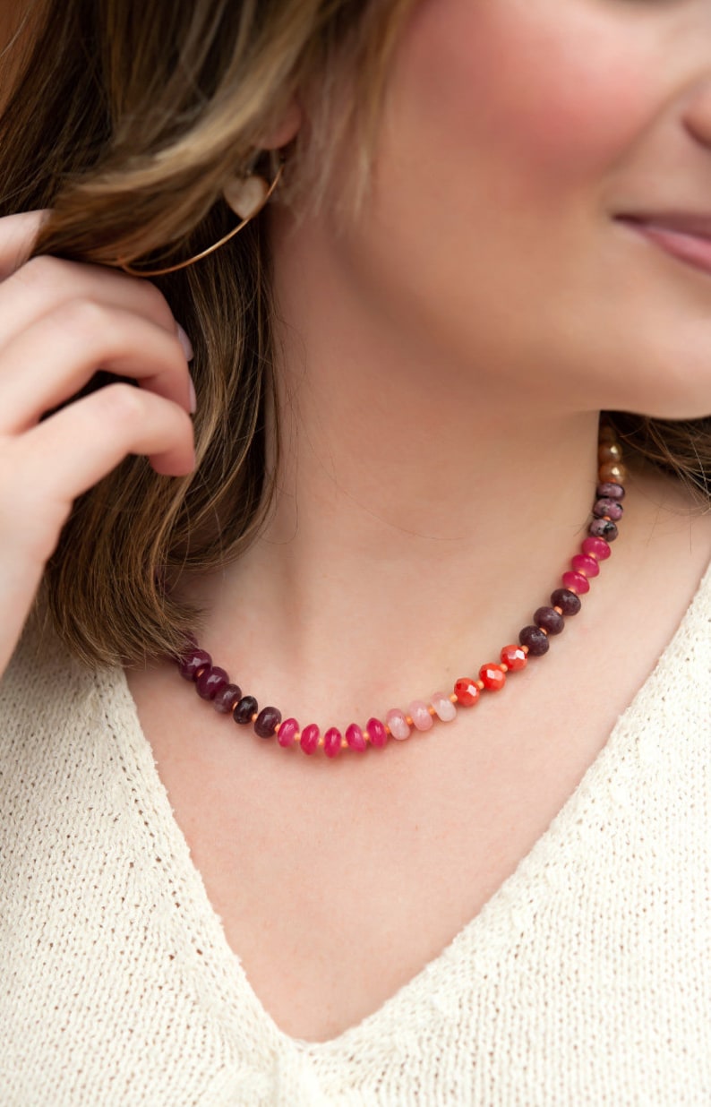 Rainbow Bead Necklace Multi Color Knotted Gemstone Necklace - Etsy