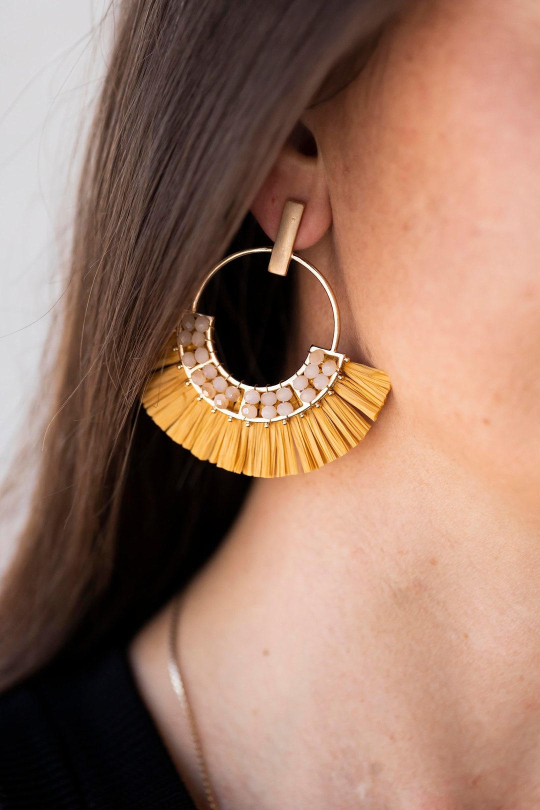 Jackie Raffia Post Back Hoops | Circle Earrings With Crystal Details - Etsy