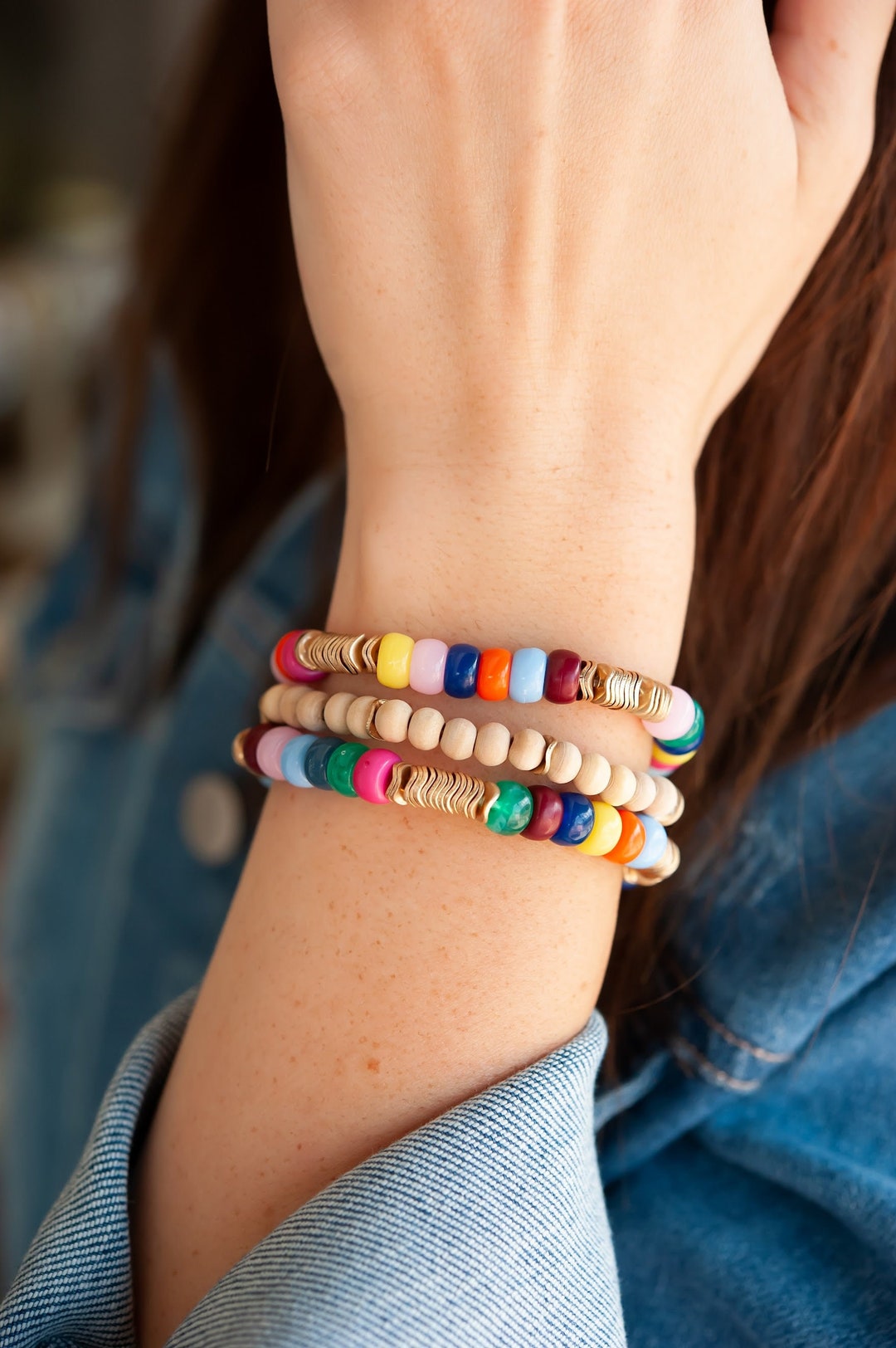 June Rainbow and Wood Beaded Bracelet Set Colorful Bead Bracelet Stack ...