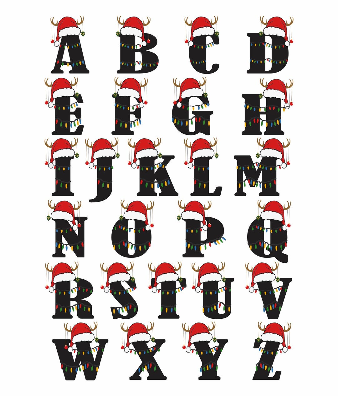Holiday Alphabet Clipart – Black Letters With Lights & Ornaments ...