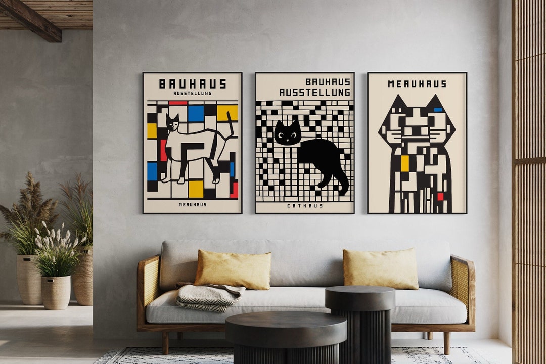 Set of 3 Bauhaus Cat Print, Funny Cat Geometric Exhibition Poster Gallery Wall, Retro ...