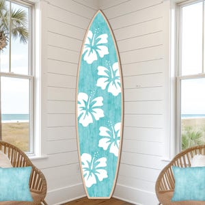 Wooden Surfboard Wall Art, Tropical Hibiscus Wall Hanging, Surf Decor ...