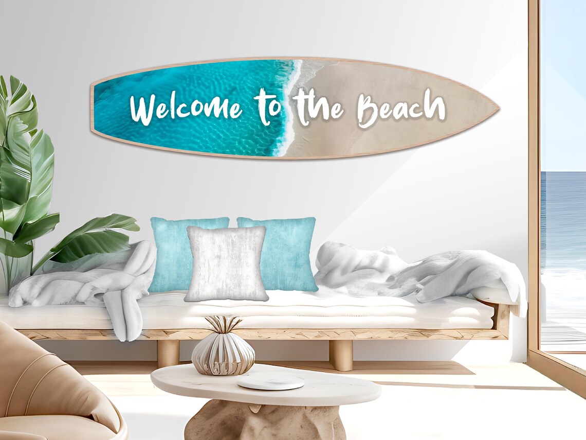 Beach House Welcome Sign, Coastal Decor, Wooden Surfboard Wall Art ...