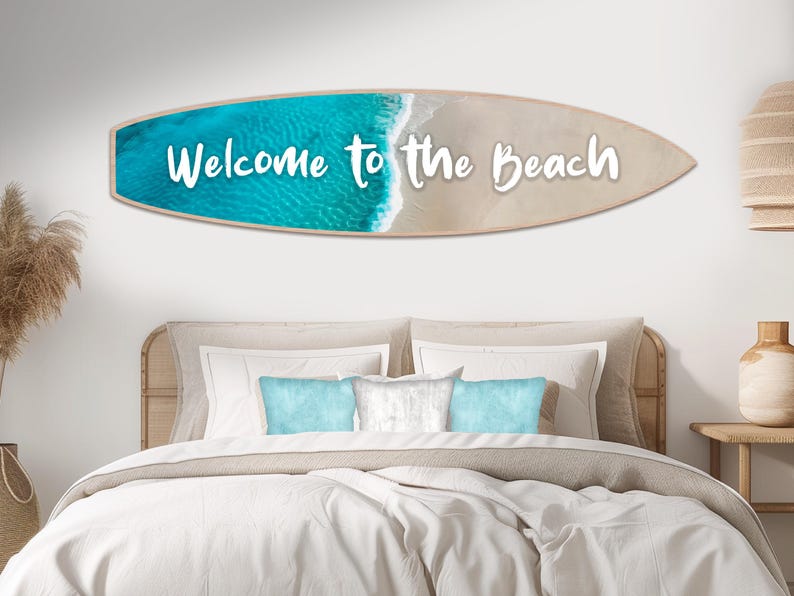 Beach House Welcome Sign, Coastal Decor, Wooden Surfboard Wall Art ...
