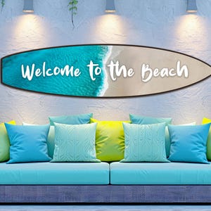 Beach House Welcome Sign, Coastal Decor, Wooden Surfboard Wall Art ...
