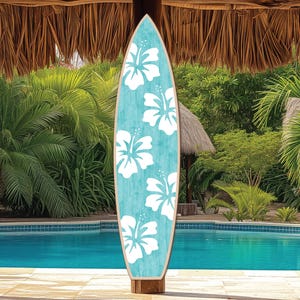 Wooden Surfboard Wall Art, Tropical Hibiscus Wall Hanging, Surf Decor ...