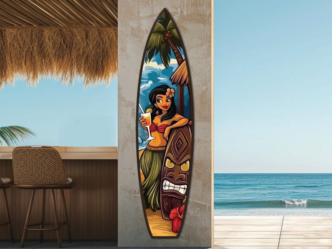 Tiki Bar Surfboard Sign: Hula Girl, Tropical Decor - Etsy
