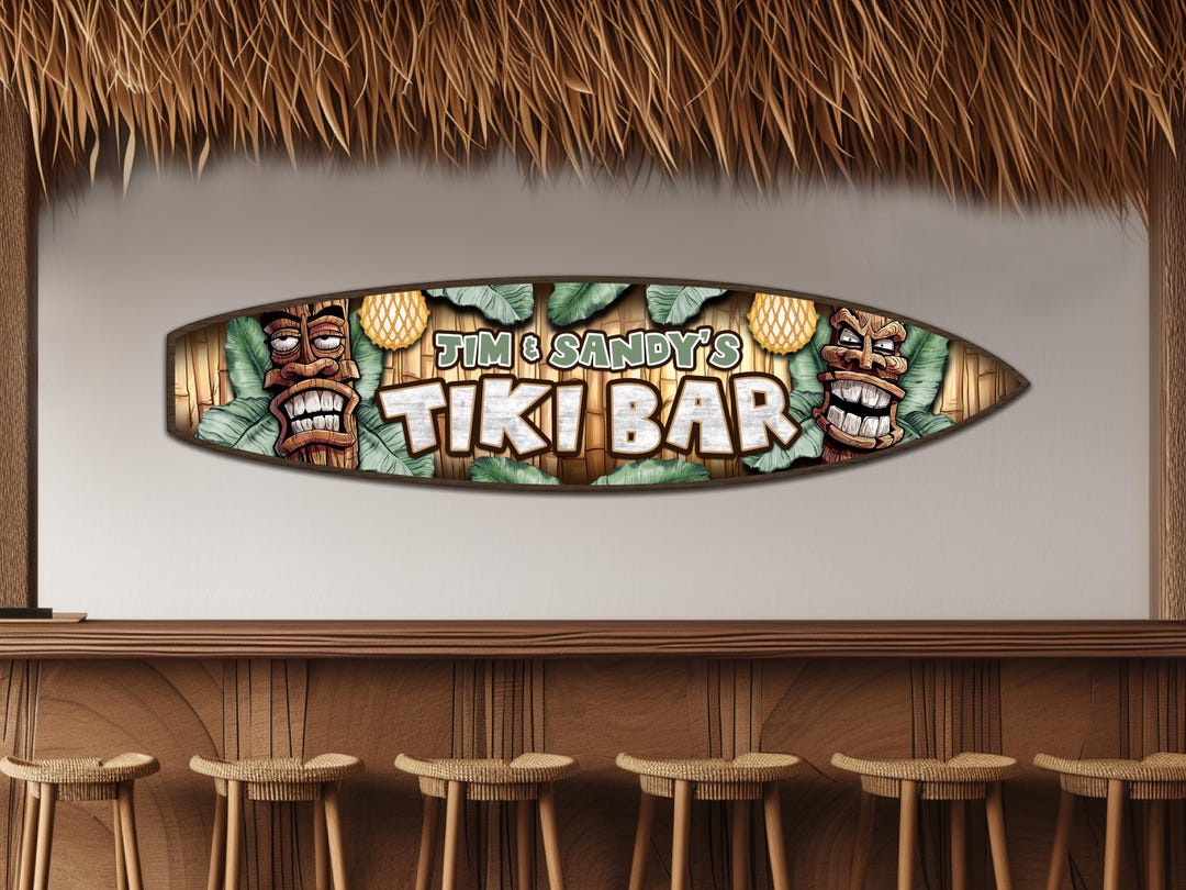 Tiki Bar Sign, Wooden Surfboard Wall Art, Fun Patio Sign, Bamboo and ...