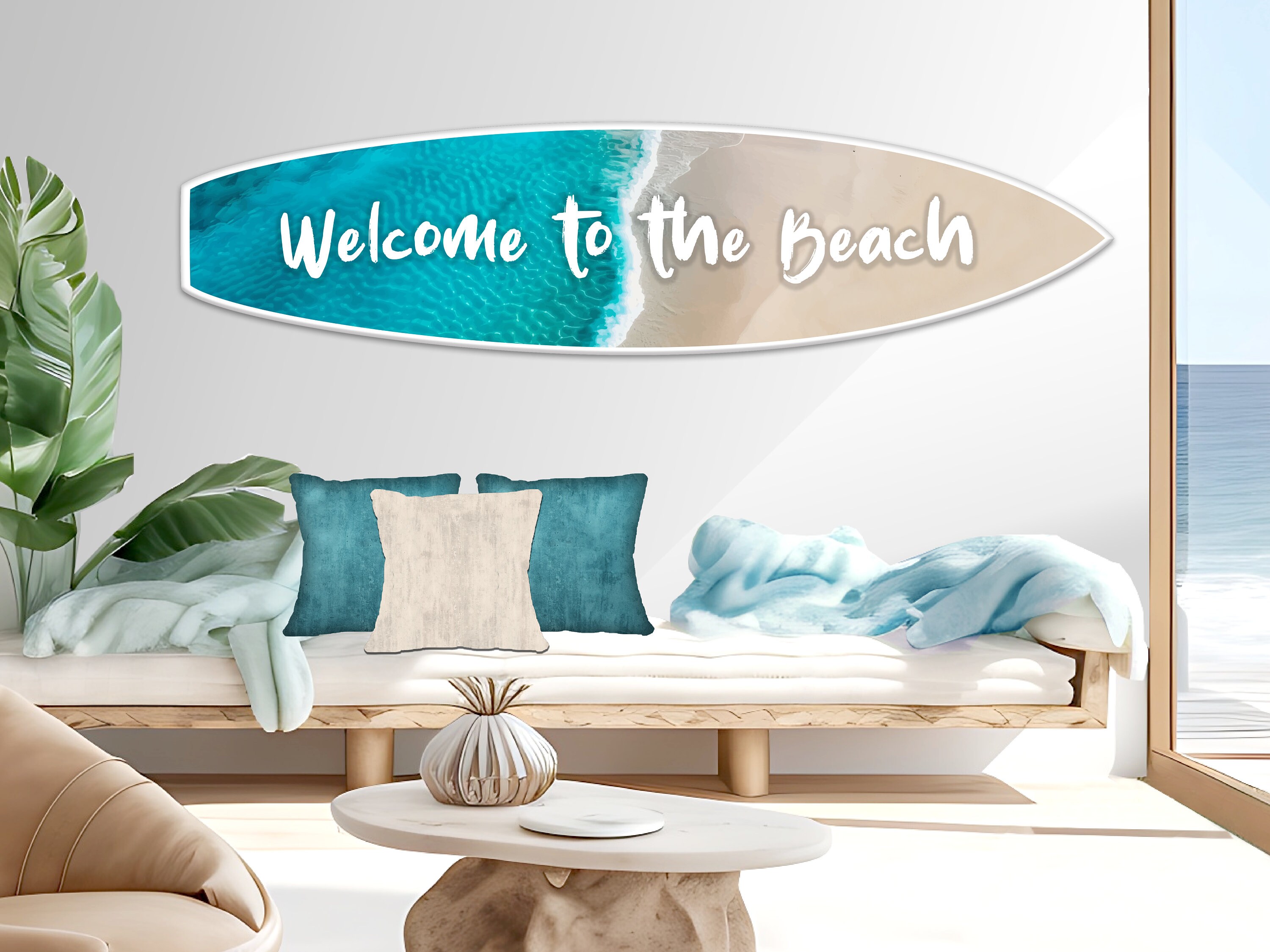 Beach House Welcome Sign, Coastal Decor, Wooden Surfboard Wall Art ...