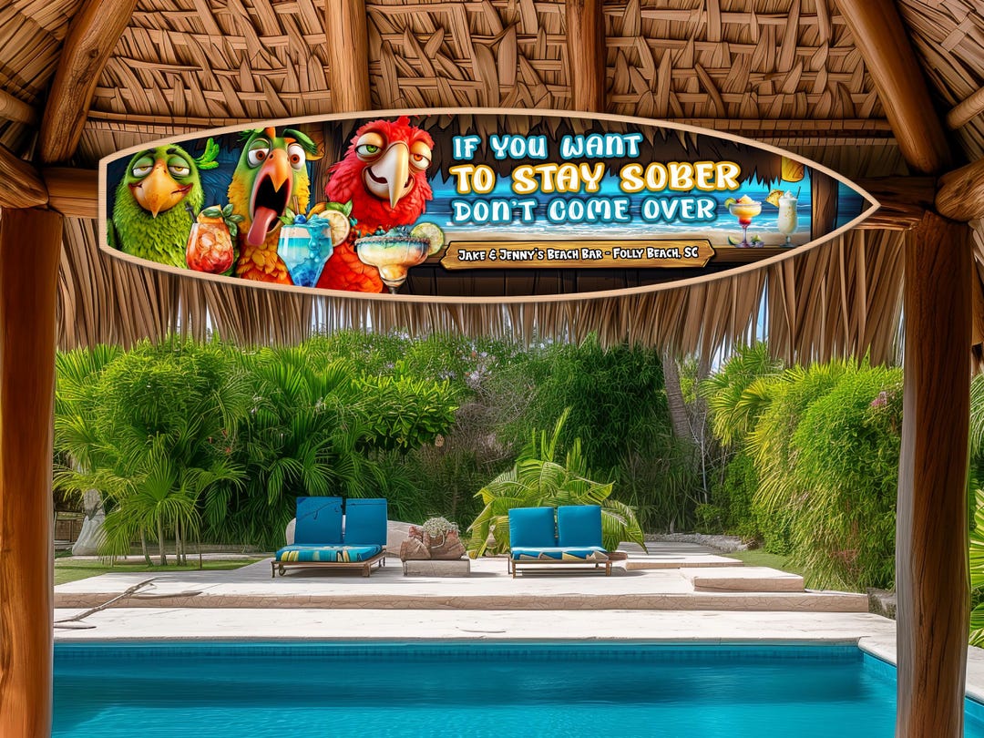 Personalized Tiki Bar Surfboard Sign: Parrot & Cocktails, Coastal Decor ...