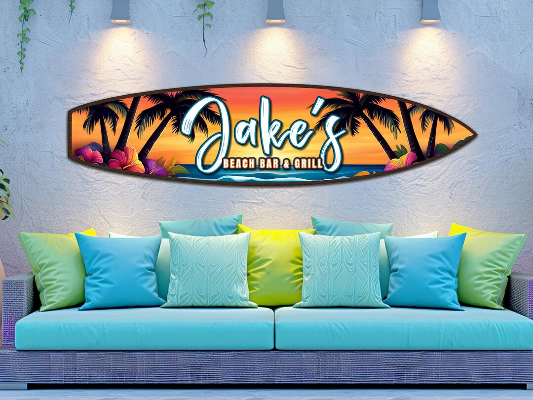 Personalized Beach Surfboard Sign: Tropical Palm Tree Decor - Etsy