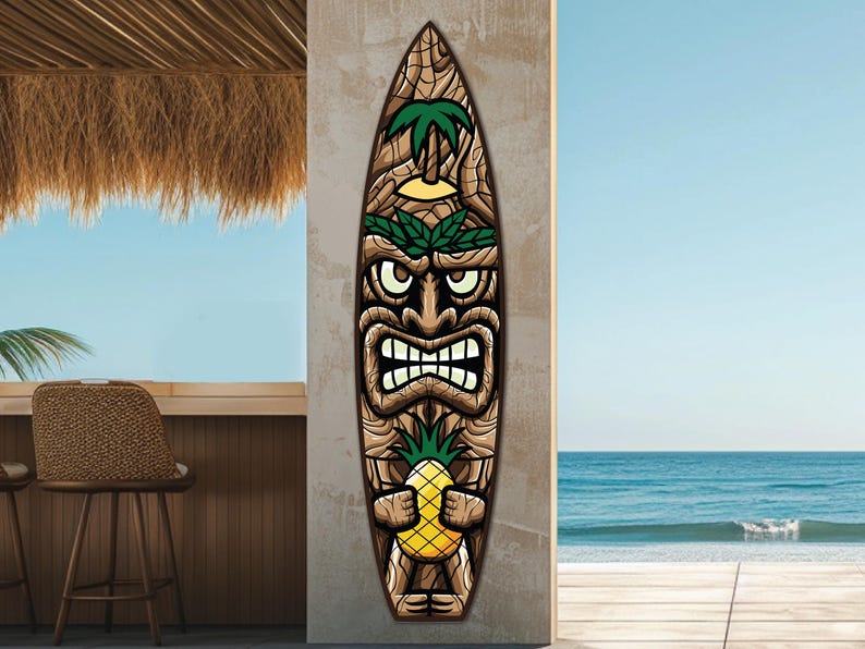 Tiki Bar Surfboard Sign: Wooden Palm Tree & Pineapple Wall Art - Etsy