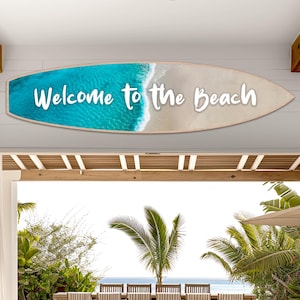 Beach House Welcome Sign, Coastal Decor, Wooden Surfboard Wall Art ...