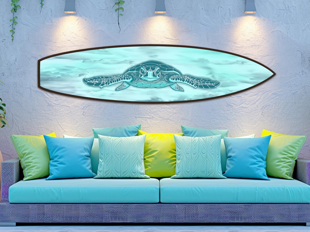 Teal Sea Turtle Surfboard Wall Art: Coastal Beach House Decor - Etsy