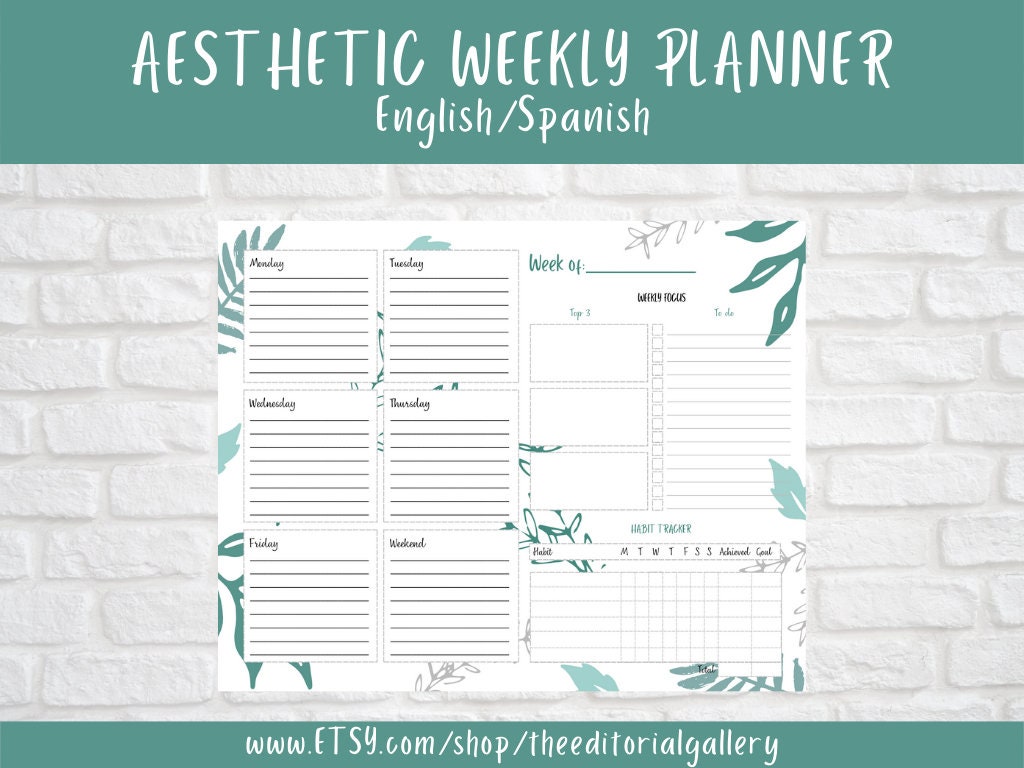 Aesthetic Weekly Planner and Habit Tracker English Spanish ...
