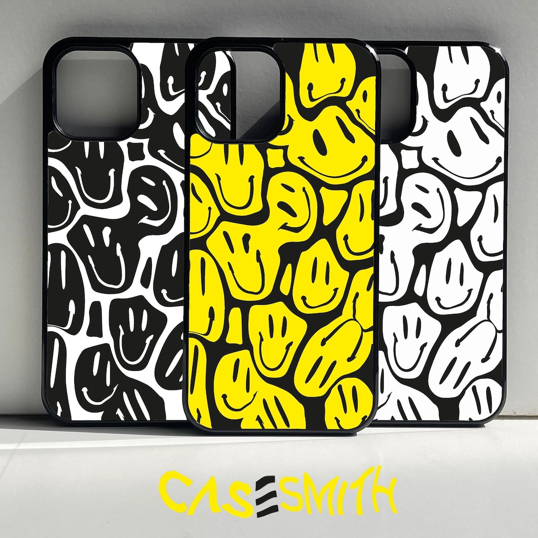 Smiley Face Phone Case Trippy Wavey Drippy Black White Yellow iPhone Case Cover for iPhone 14 ...