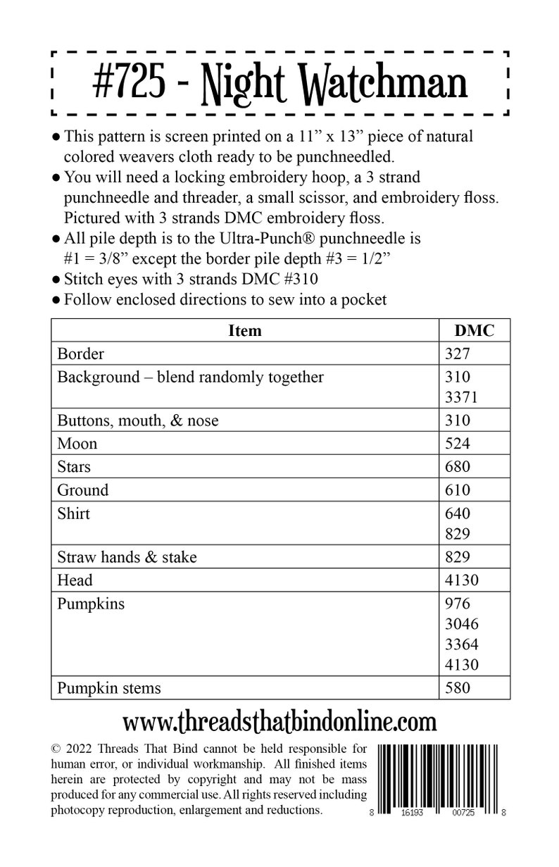 Threads That Bind #725 Night Watchman Punchneedle Pattern - Etsy