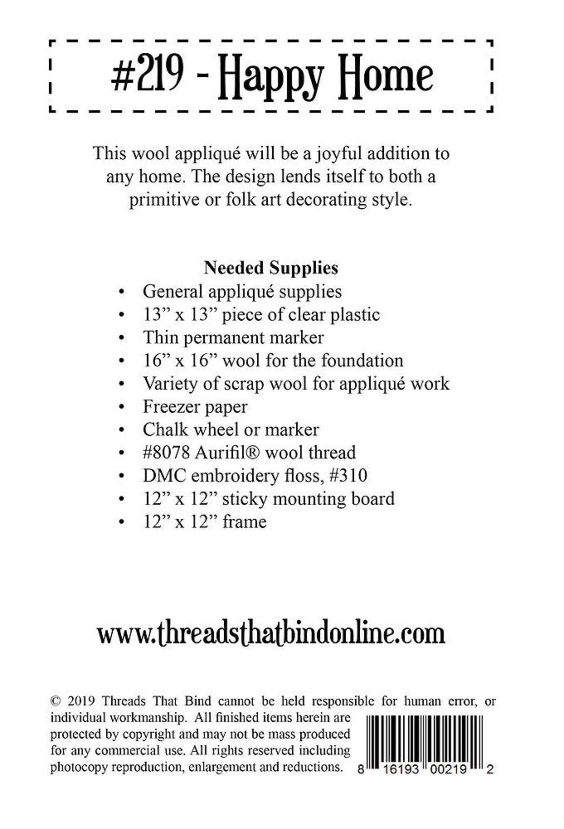 Happy Home Wool Applique Pattern #219 - Etsy