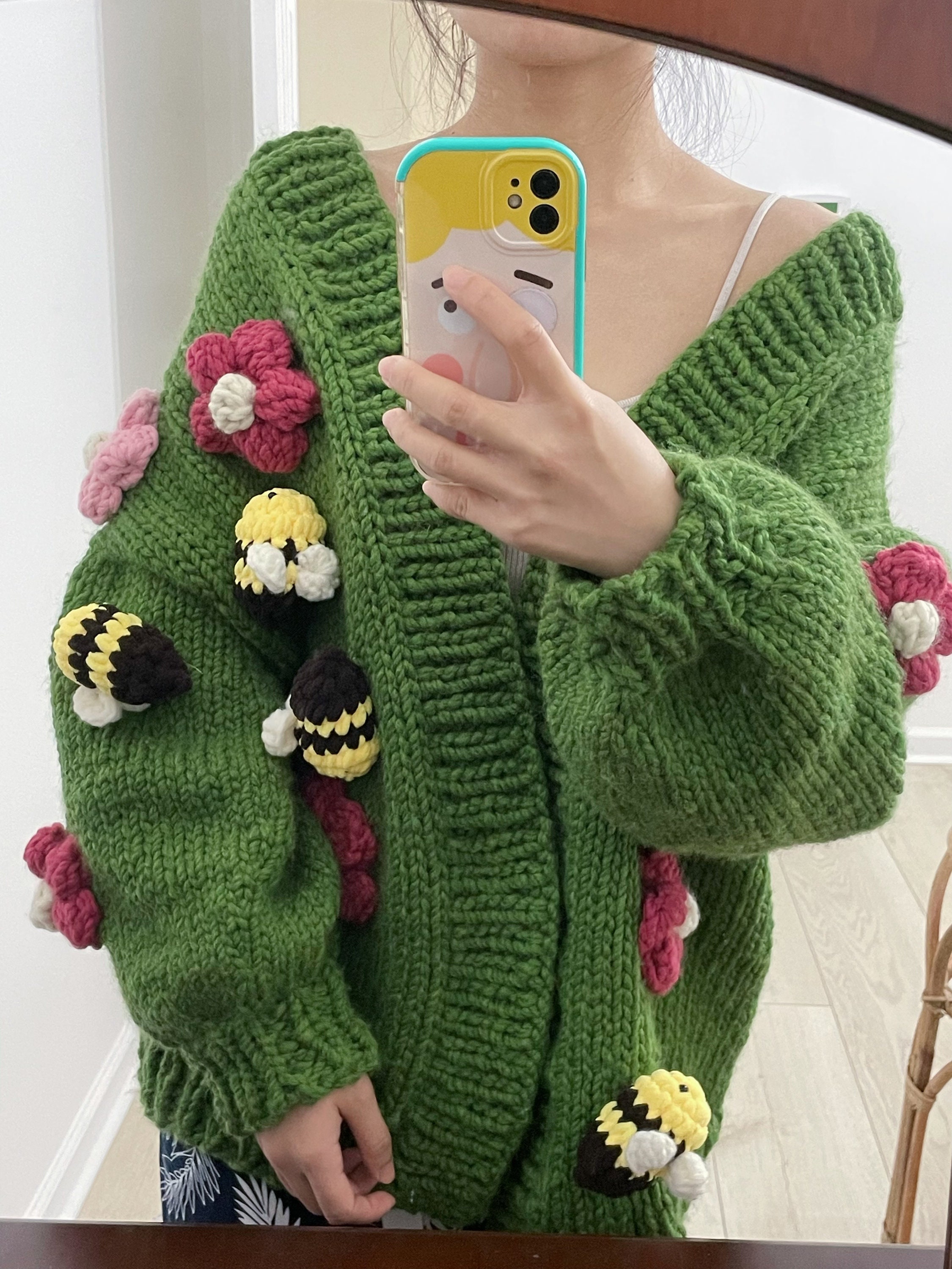 Bibaboyaba, Chunky Bee Cardigan, Bee Knit Sweater, Floral Knit Sweater, Oversized Colorful ...