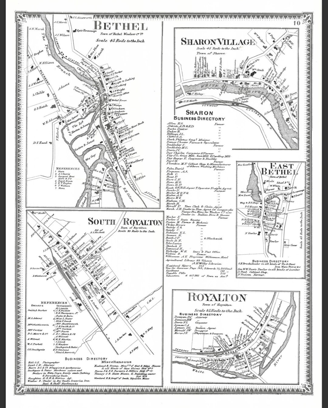 Bethel, Royalton, Sharon, Vermont Vintage Map - Etsy UK