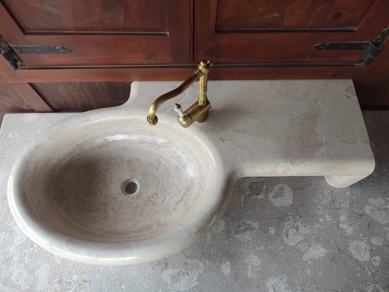 Washbasin in Polished Roman Travertine. Marble Wash Basin, Large Sink ...