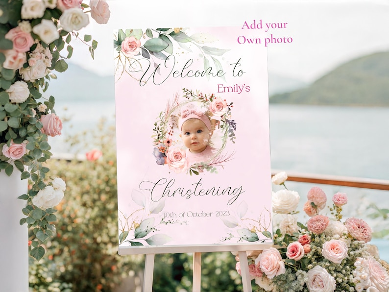 Personalised Christening Welcome Sign Own Photo Design, Pink Theme ...
