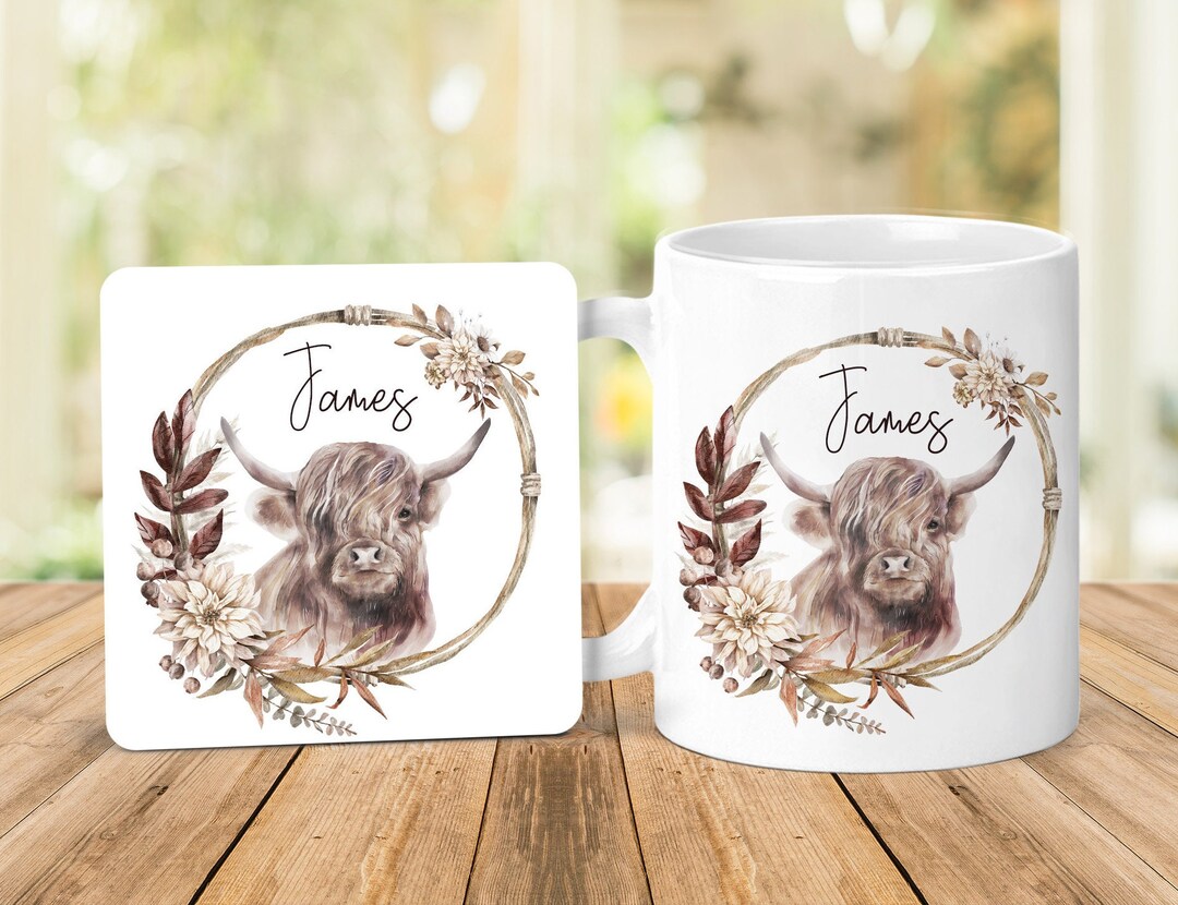 HIGHLAND COW Ceramic Mug Personalised Cup and Coaster - Etsy
