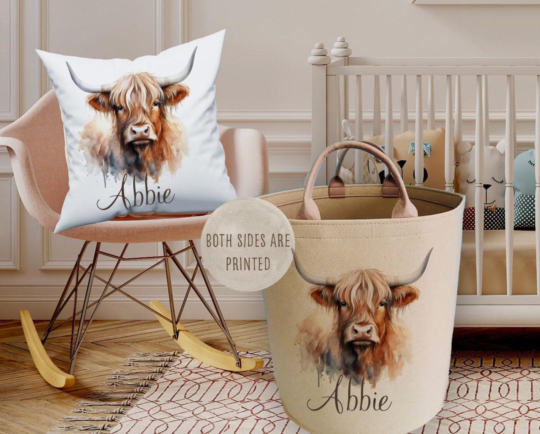 Personalised Highland Cow Print LARGE BEIGE TOY Basket, Storage Tub ...