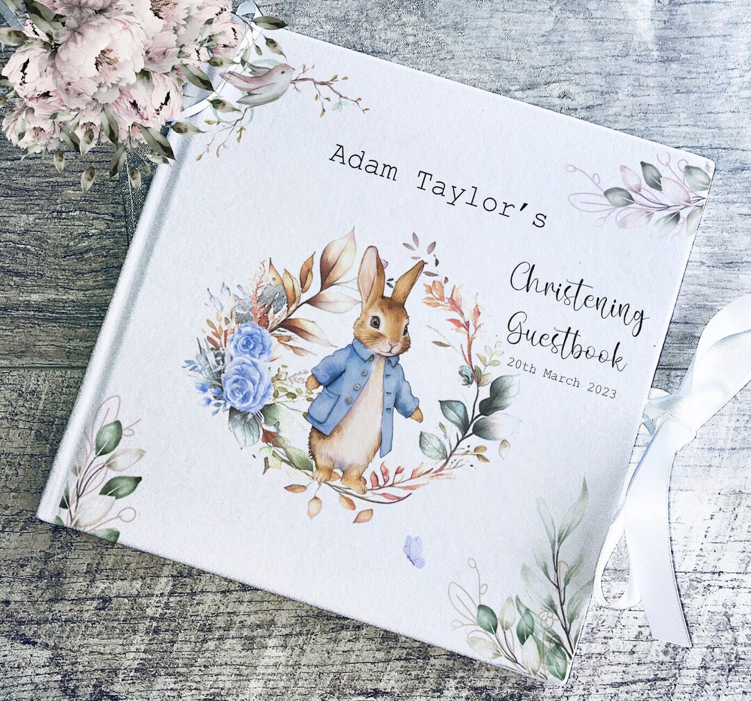 Personalised Christening Velvet Hard Cover Guest Book, Blue Bunny ...