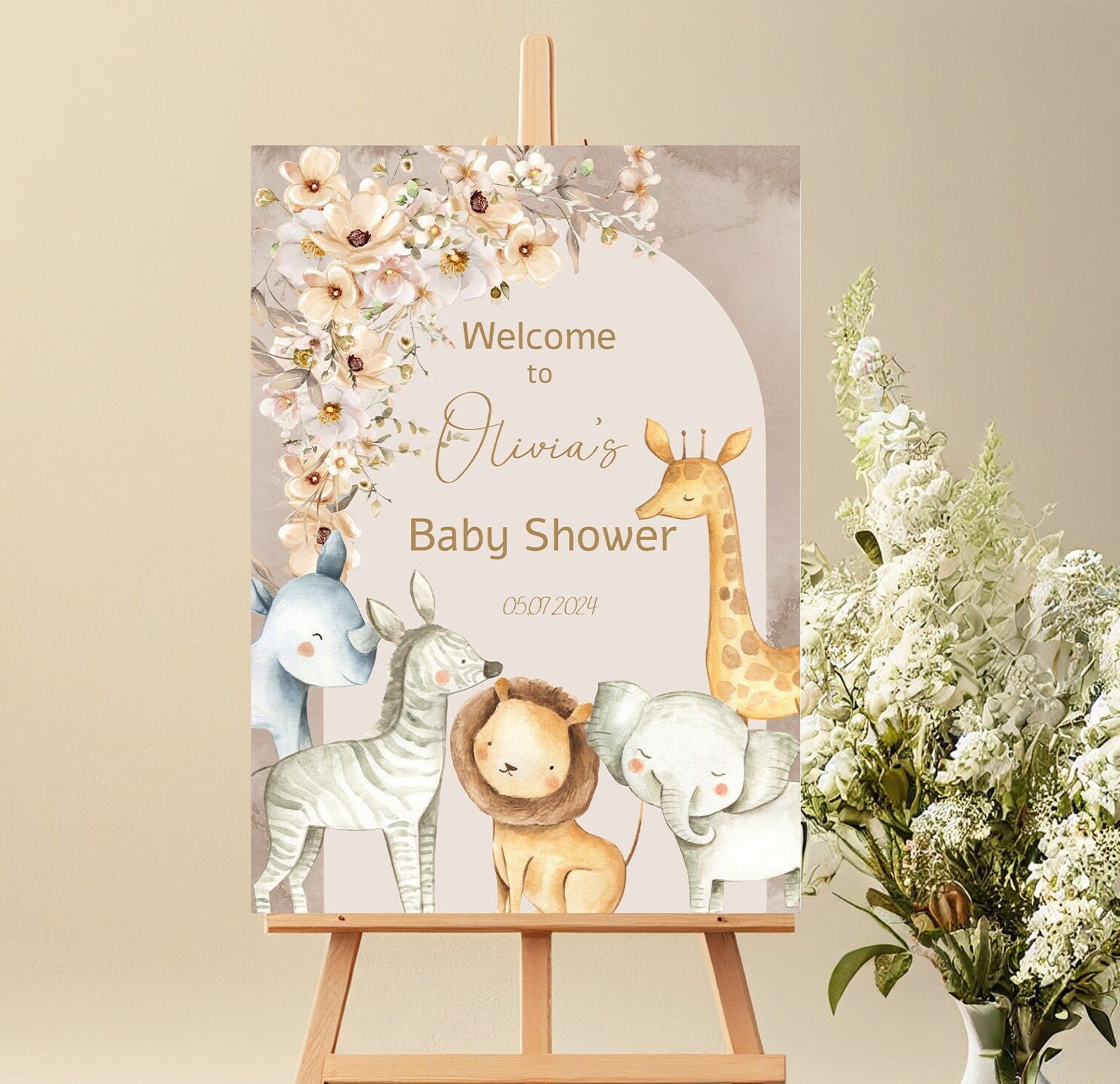 Personalised Safari Baby Shower Welcome BANNER ,BEIGE Gender Neutral ...
