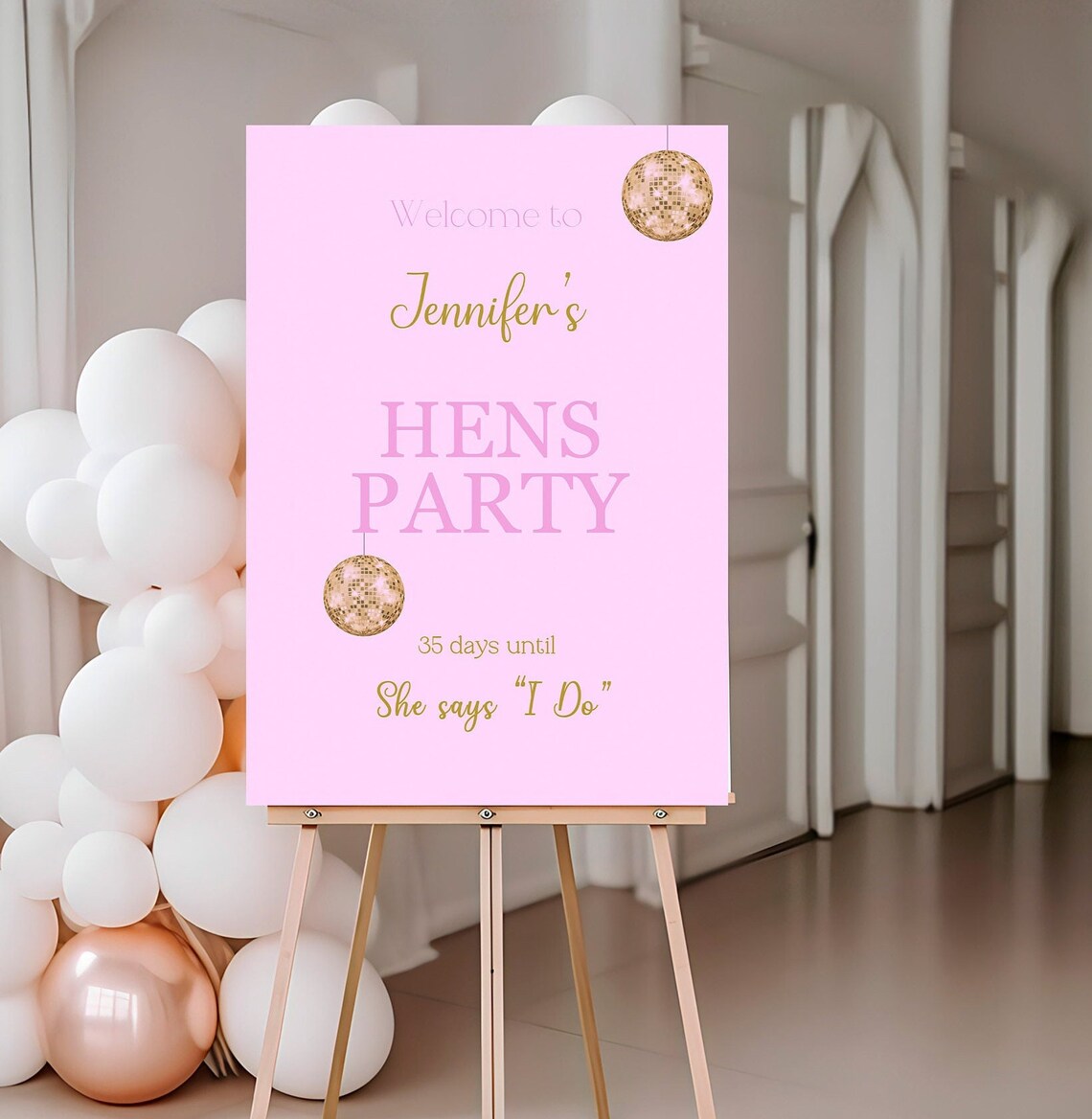 Personalized Pink Disco Ball Hen Do Welcome Sign: A3 Wedding Party ...