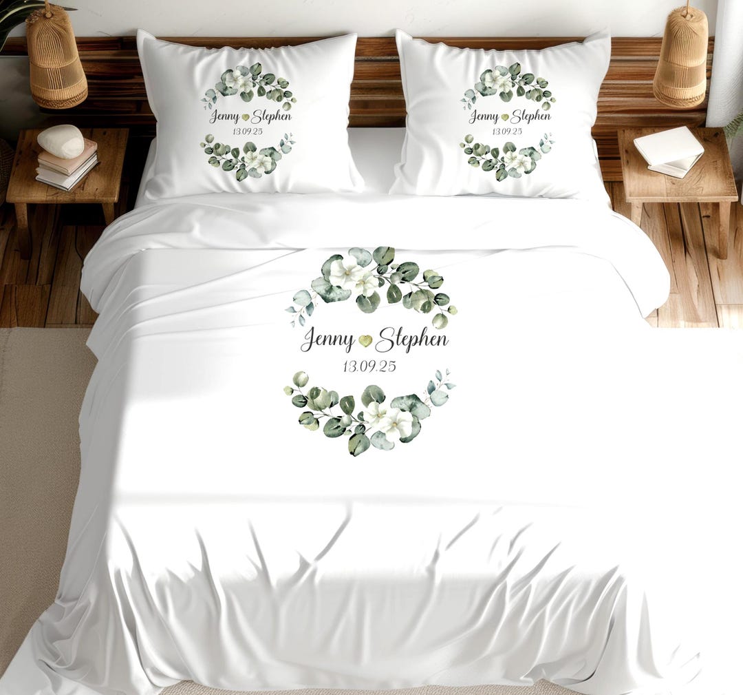 Personalised Eucalyptus Wedding Duvet Cover, Custom Bride and Groom ...