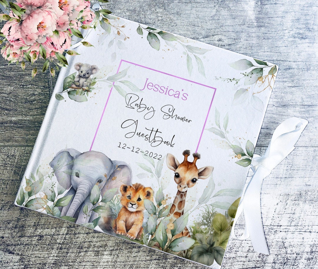 Personalised Baby Shower Safari Animals Velvet Hard Cover Book ...