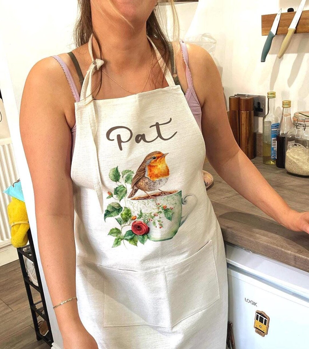 Personalised Robin Tea Cup Design Apron Set: Linen Quality Adjustable ...