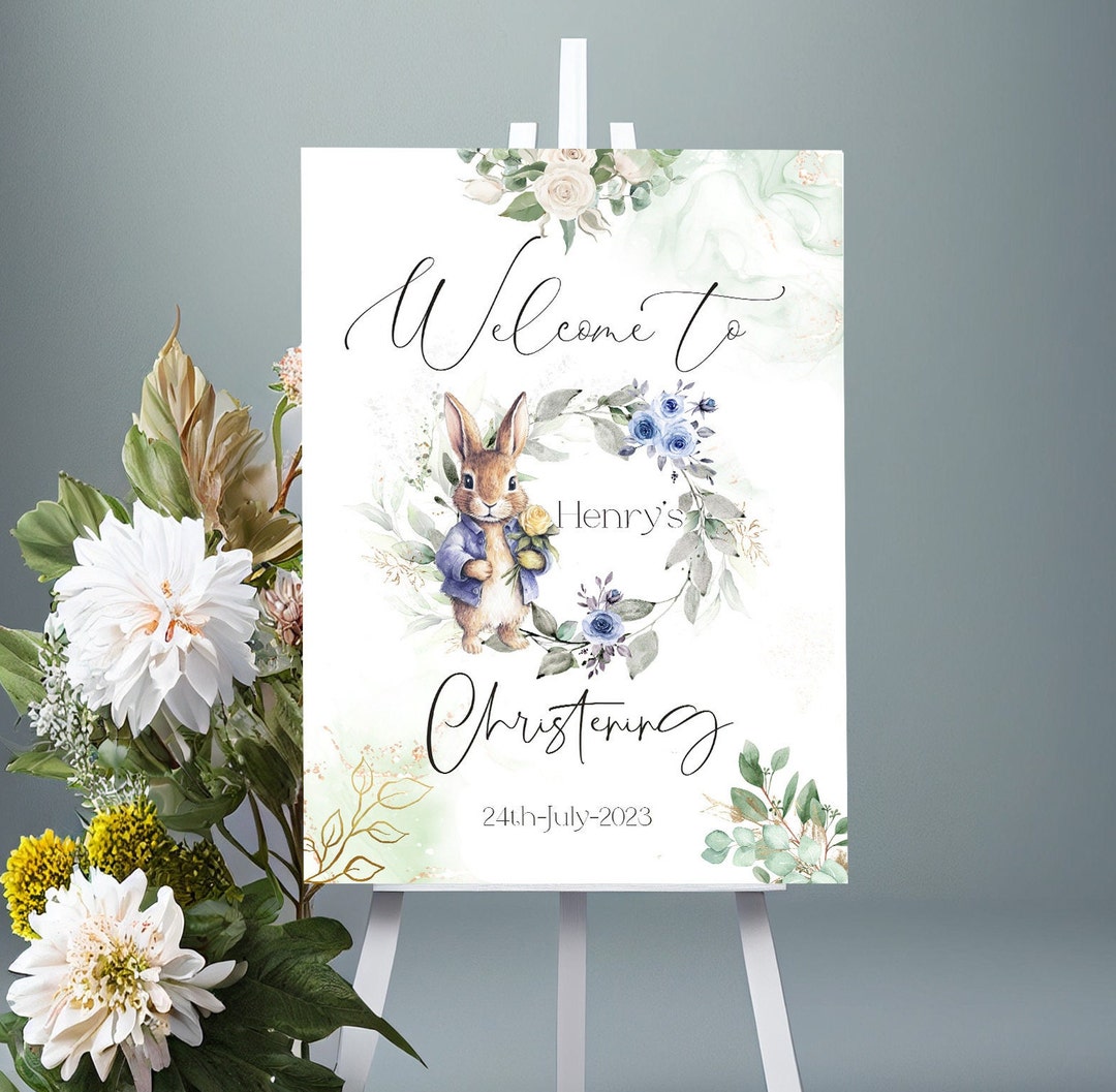 PERSONALIZED Christening Welcome Sign, Bunny Name Day A3 Backdrop ...