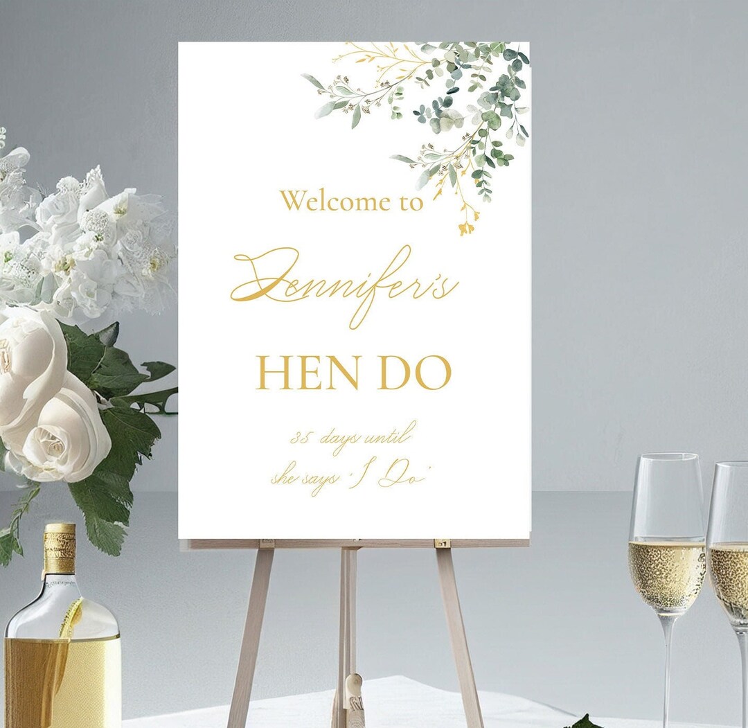 Golden Text Hen Do Welcome Sign: Personalised Greenery Theme, A3 Poster ...