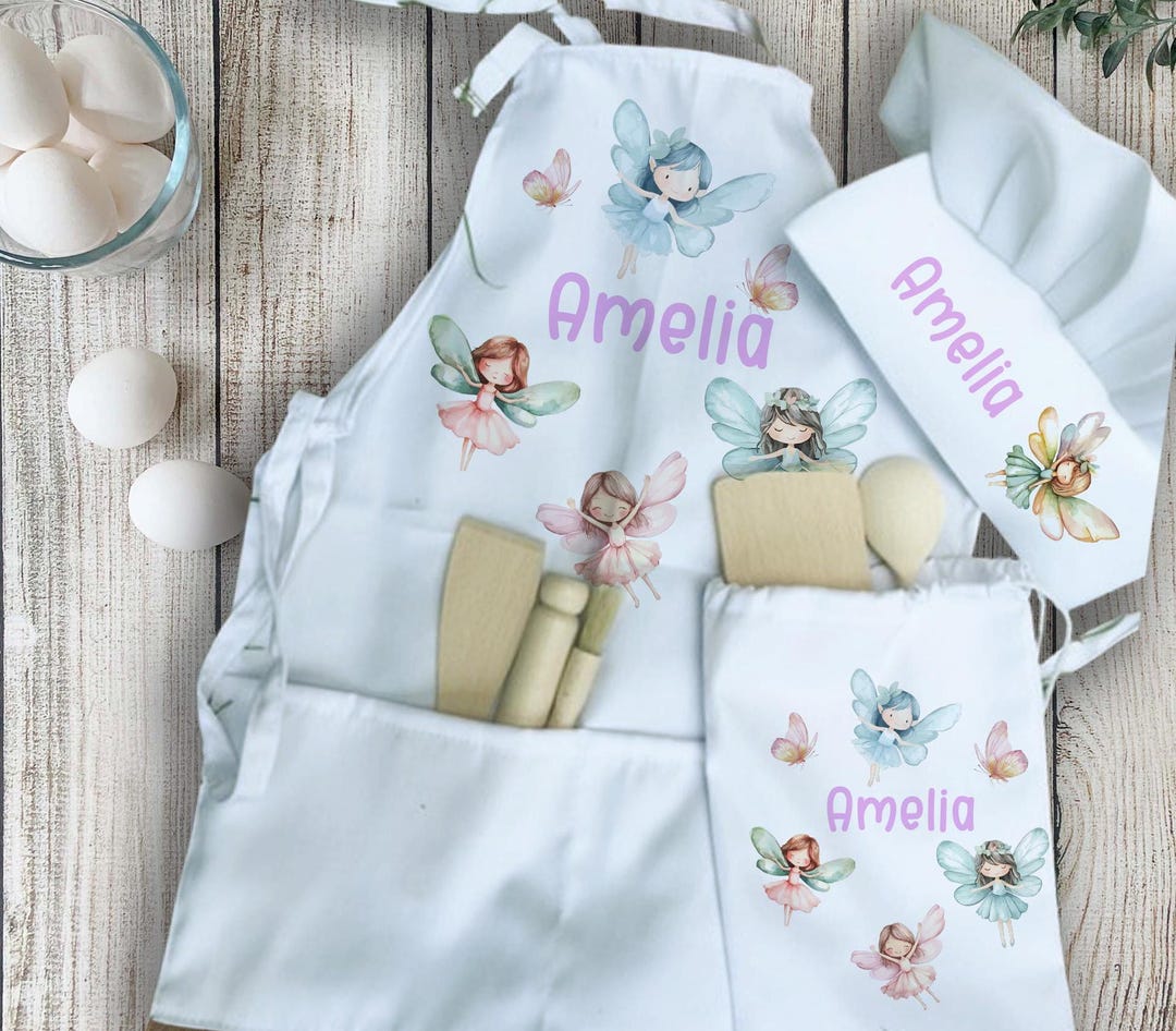 Personalised Kids Baking Apron Chef Hat, Fairy Baking Set Tabard, Kids ...