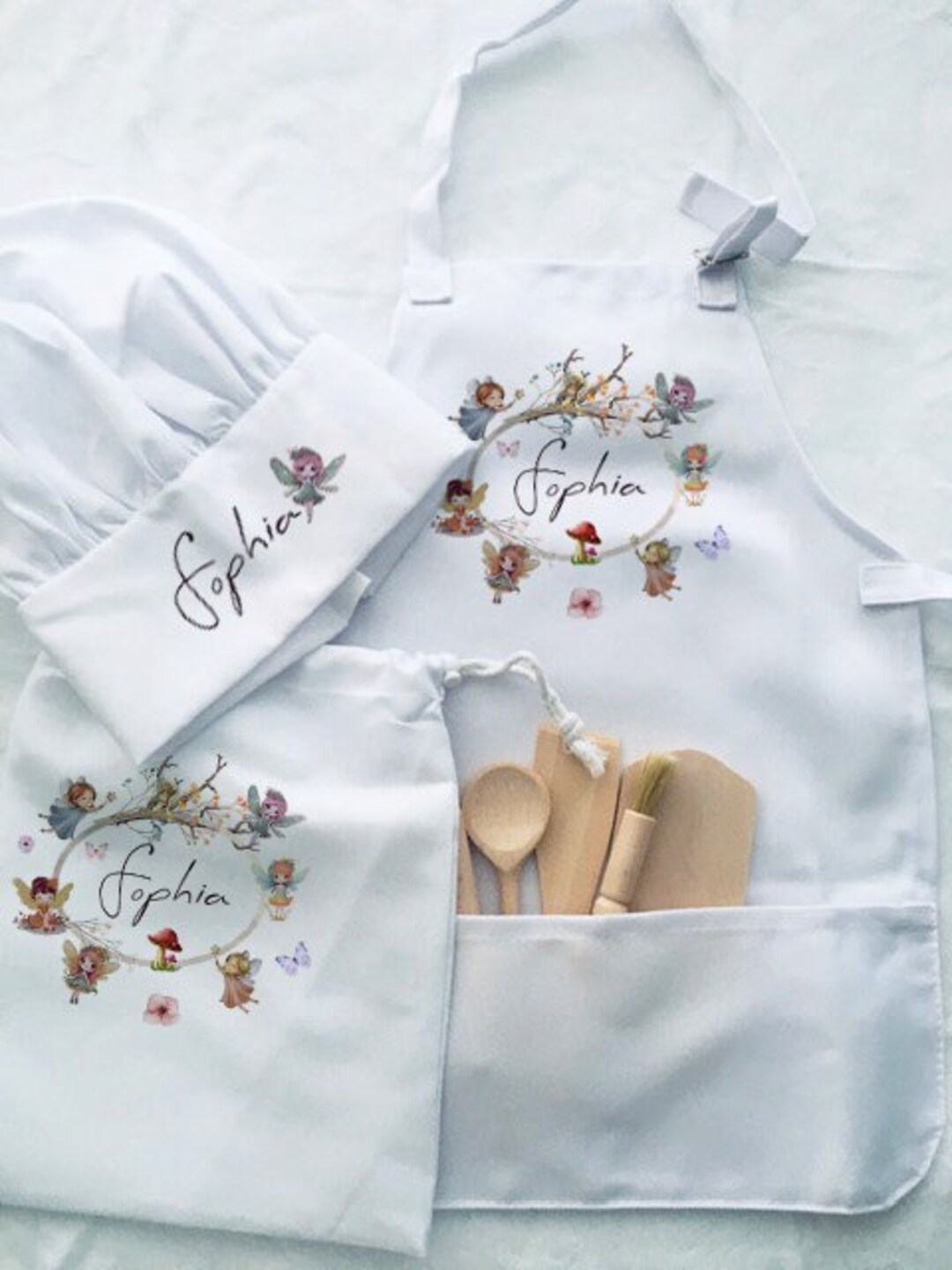 Kids Apron Chef Hat, Fairy Print Baking Set, Personalised Kids Canvas ...