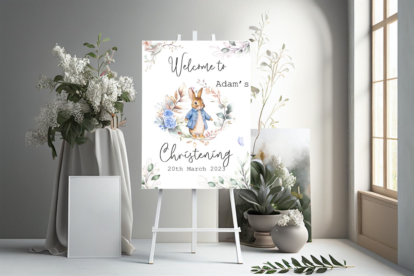 Personalised Rabbit Christening Welcome Backdrop, Greenery Eucalyptus ...